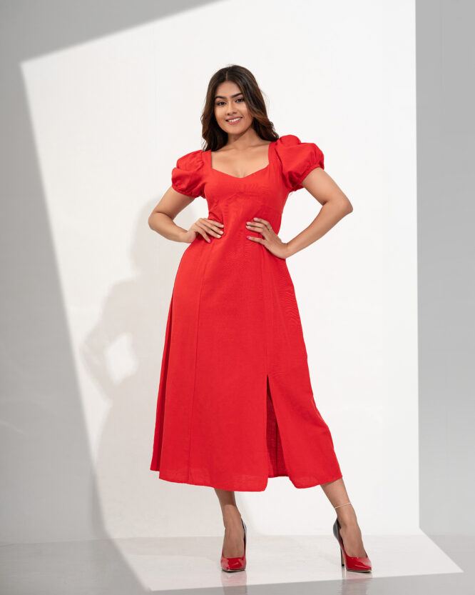 RED PUFF SLEEVE MAXI DRESS – Helly Wild